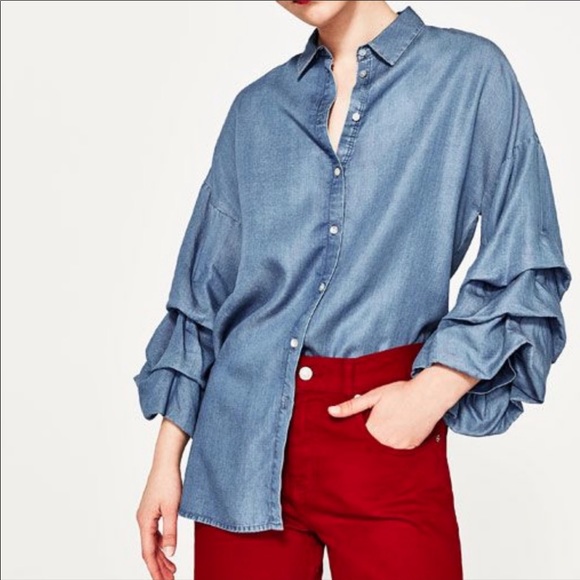 Zara | Tops | Zara Puffed Ruffle Sleeves Chambray Shirt | Poshmark